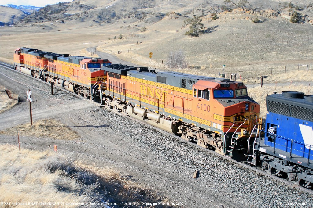 BNSF 4100 and BNSF 4945 climb to Bozeman Pass